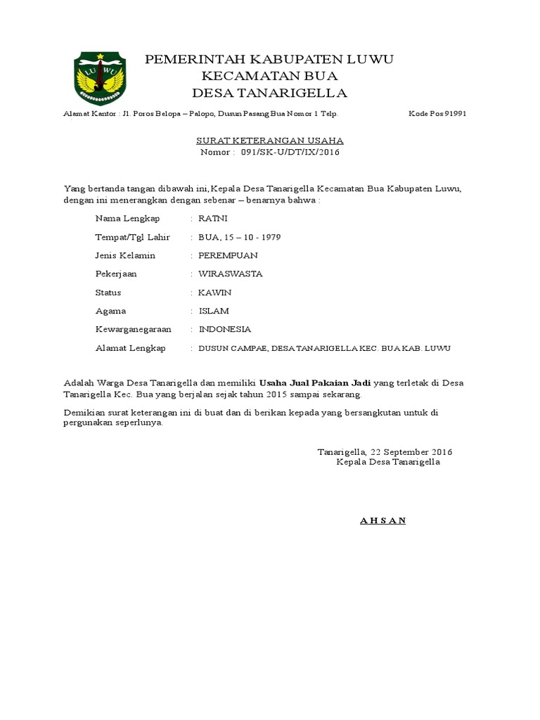 Contoh Surat Izin Usaha | PDF