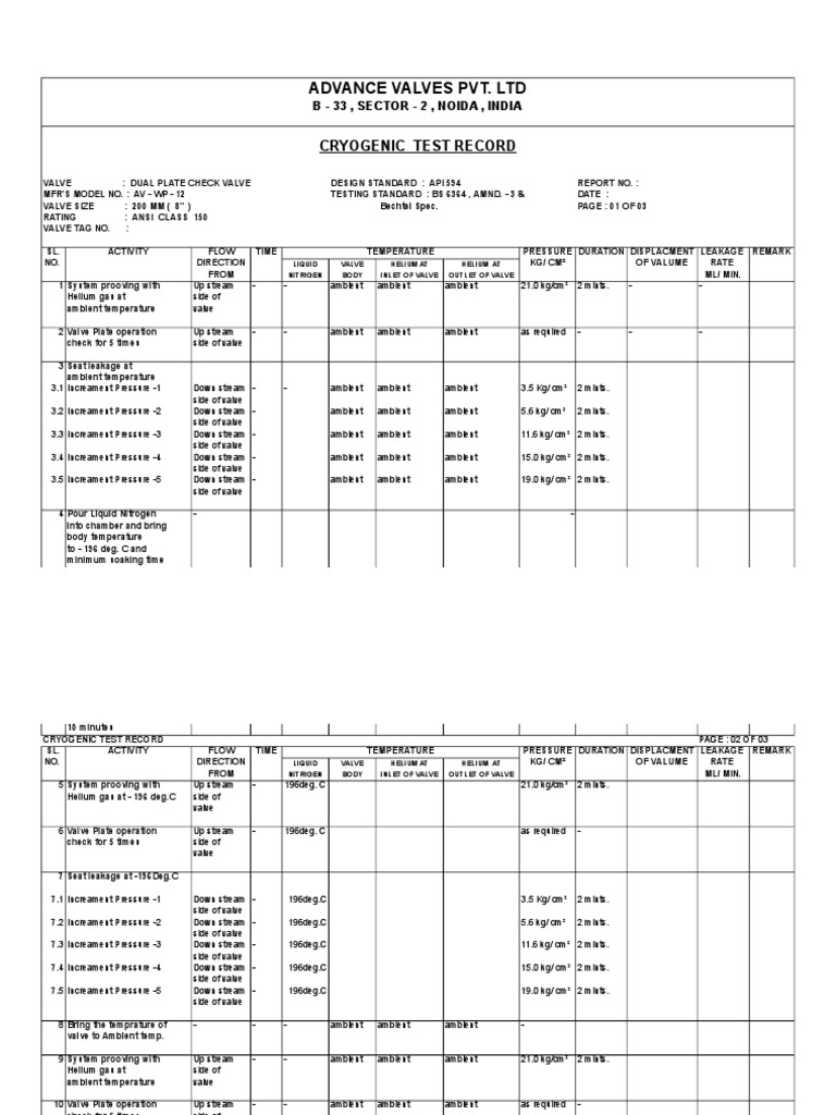 Advance Valves Pvt. LTD: Cryogenic Test Record | PDF | Cryogenics | Valve