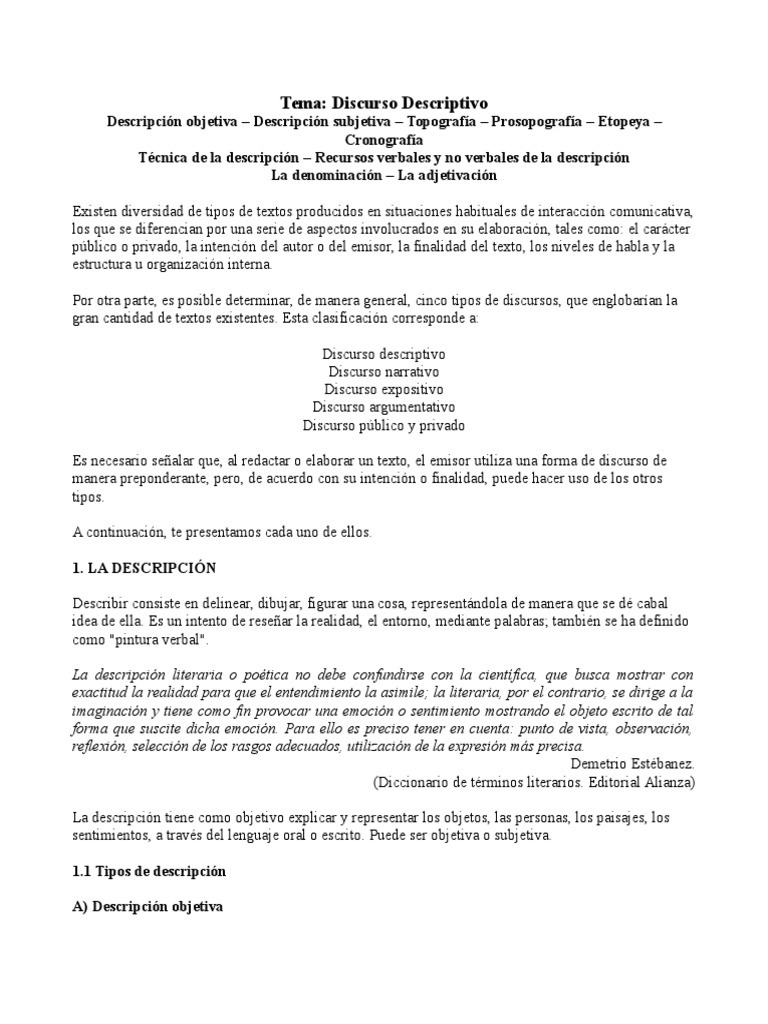 Discurso Descriptivo | PDF | Sustantivo | Verbo