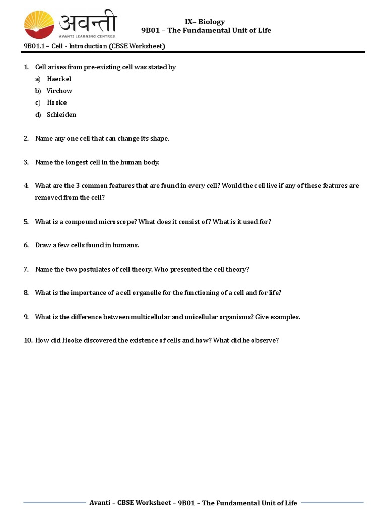 9B01.1 Cell - Introduction v0.1 CBSE Worksheet | PDF