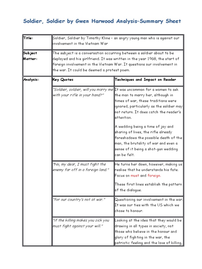 Soldier Soldier by Gwen Harwood Analysis | PDF | Poetry