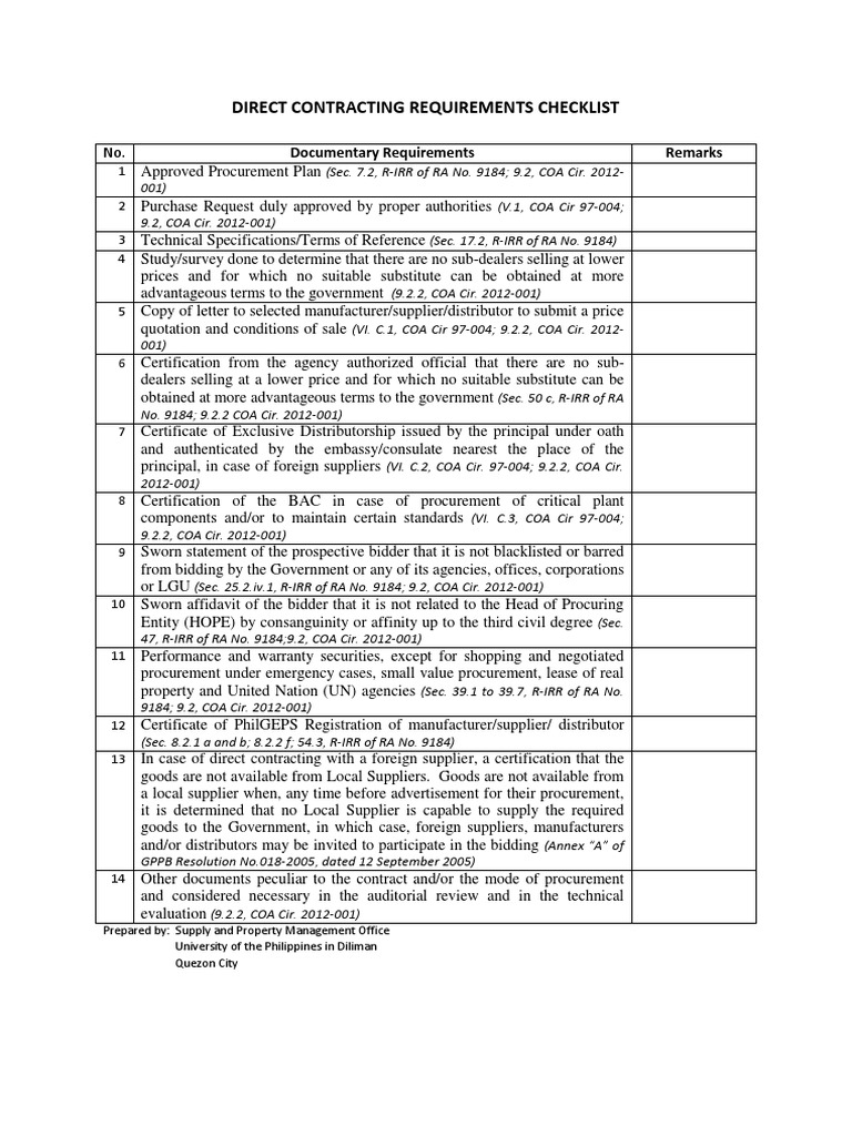 Direct Contracting Requirements Checklist PDF | Procurement | U.S ...