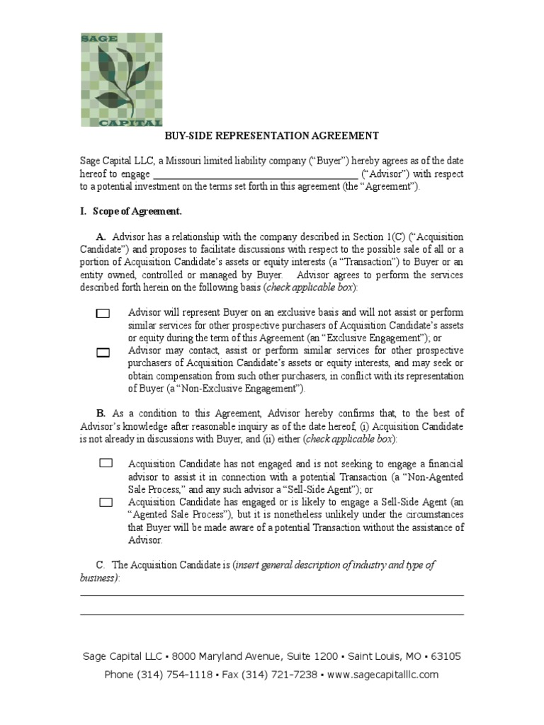 Exclusive Representation Agreement for the Potential Acquisition of an ...