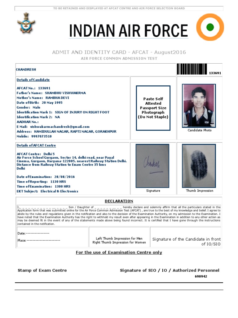 Admit and Identity Card Afcat August2016: Air Force Common Admission ...