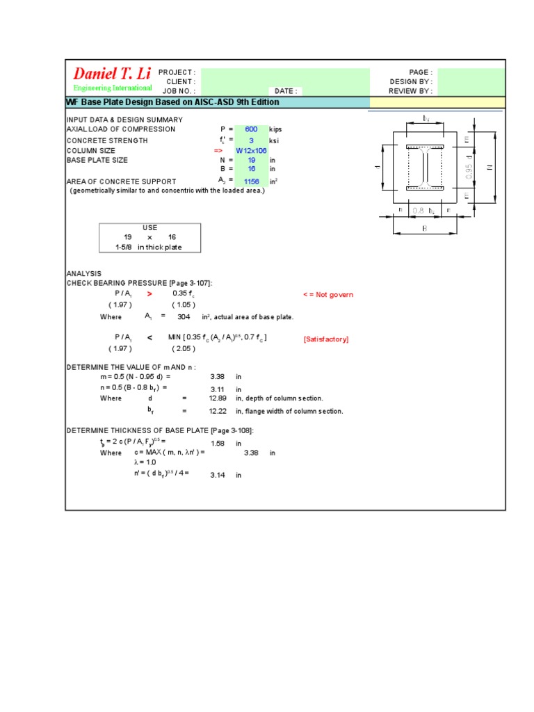 WF Base Plate Design Based On AISC-ASD 9th Edition: Input Data & Design Summary | PDF
