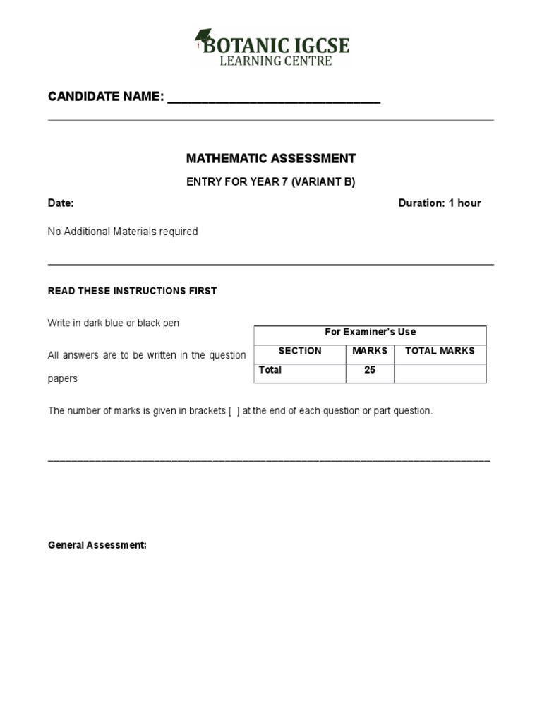 CANDIDATE NAME: - : Entry For Year 7 (Variant B) Date: Duration: 1 Hour ...