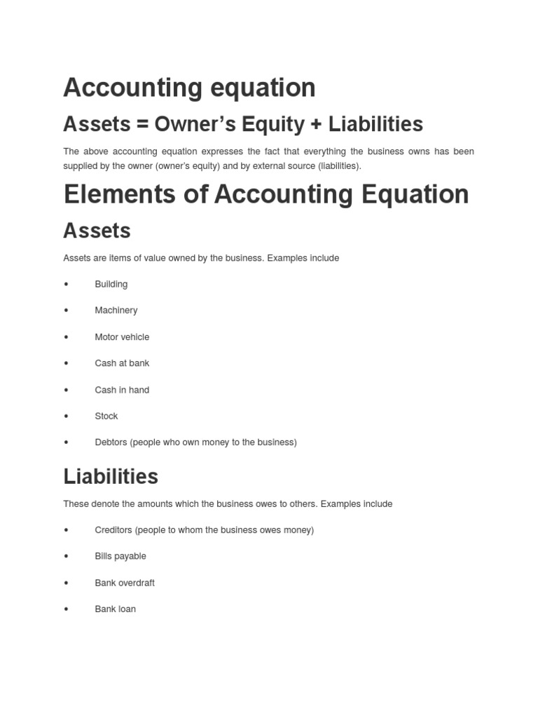 Accounting Equation: Assets Owner's Equity + Liabilities | PDF