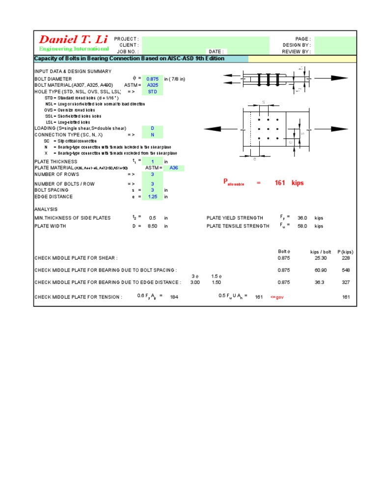 Capacity of Bolts in Bearing Connection Based On AISC-ASD 9th Edition ...