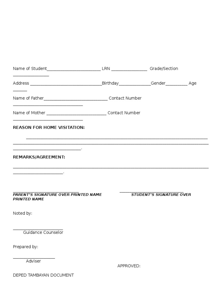 Home Visitation Form: Department of Education | PDF