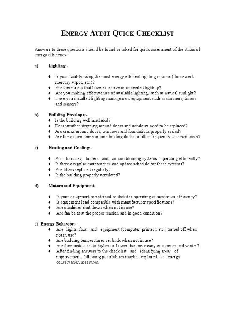 Energy Audit Quick Checklist | PDF | Building Insulation | Lighting