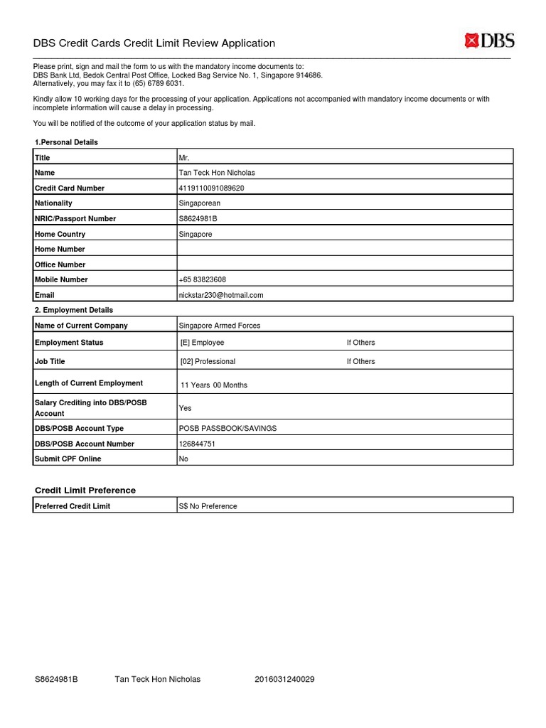 DBS Credit Limit Review Form | PDF | Credit Card | Mail