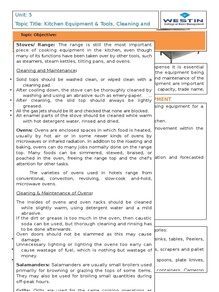Topic 14 (Kitchen Equipment & Tools, Cleaning and Maintenance) | PDF ...