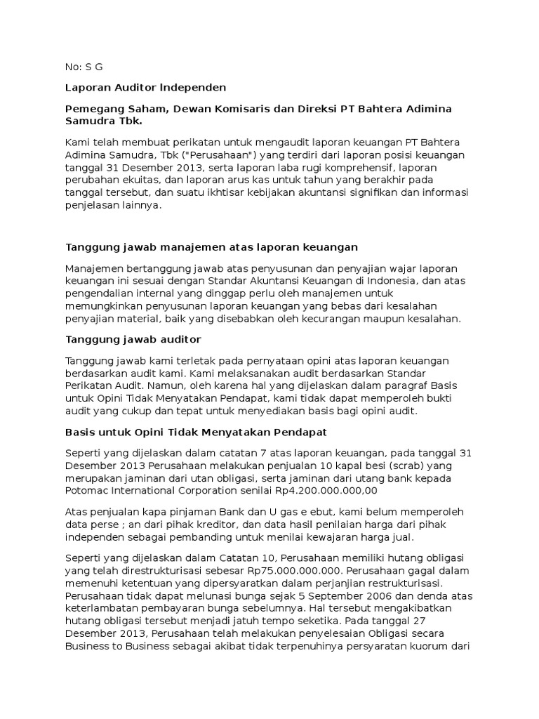 Opini Audit PT BAS Tbk 2013: Disclaimer | PDF