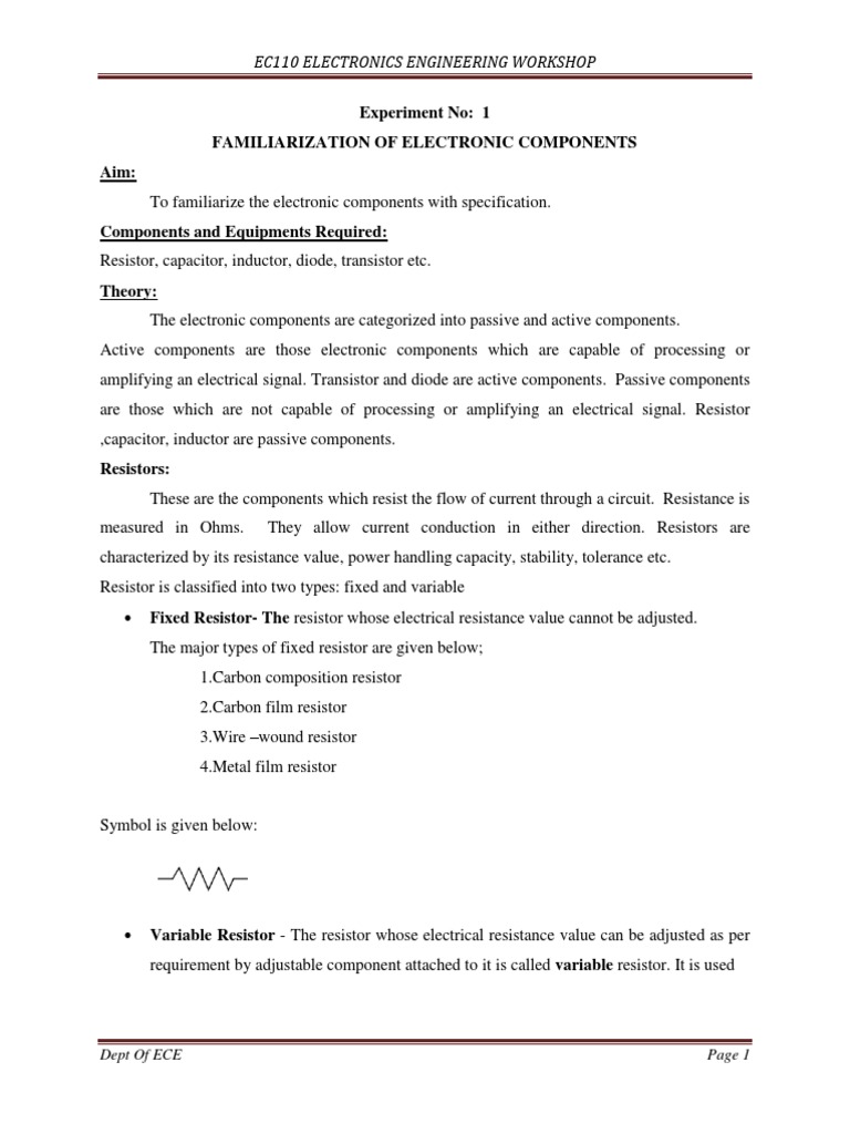 Experiment No: 1 Familiarization of Electronic Components Aim | Download Free PDF | Amplifier ...