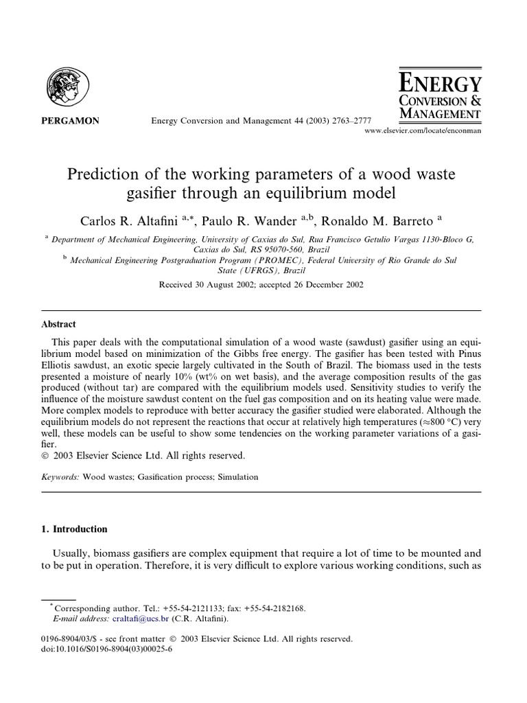 Altafini, Wander, Barreto - Prediction of The Working Parameters of A Wood Waste Gasifier ...