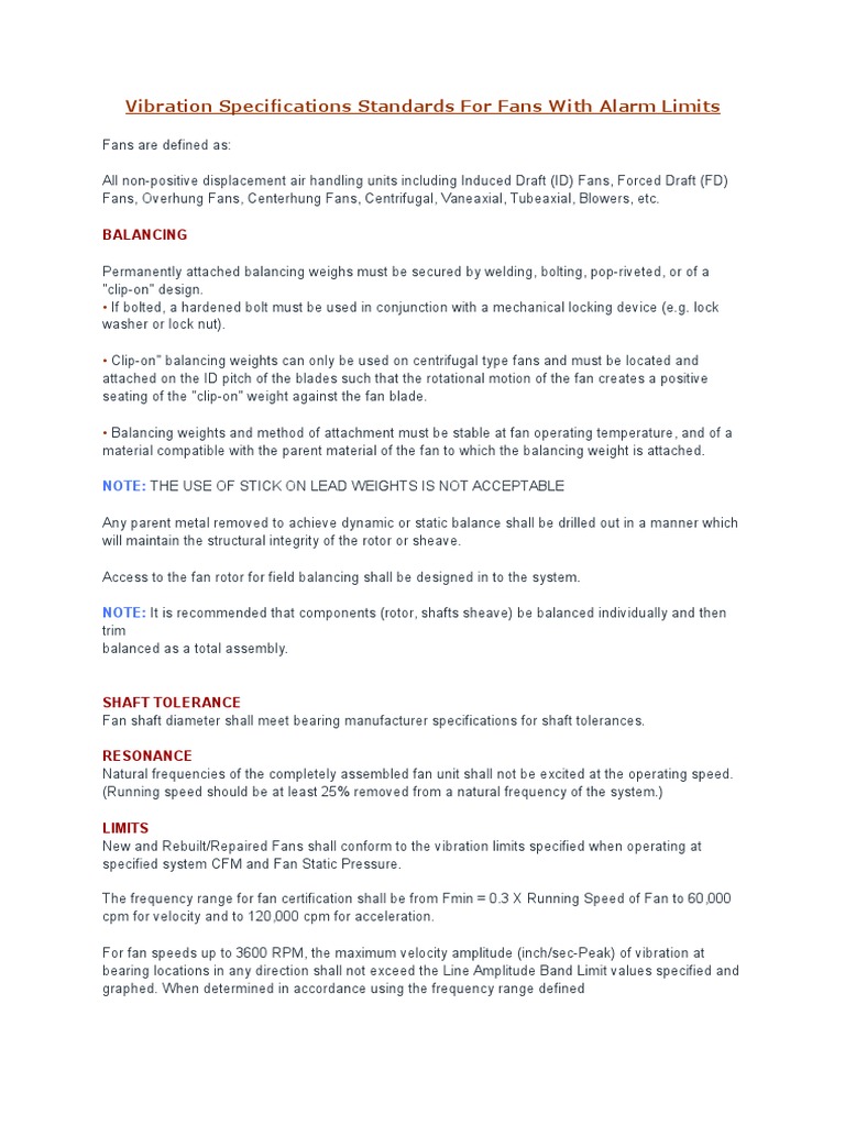Vibration Specifications Standards For Fans With Alarm Limits | PDF ...