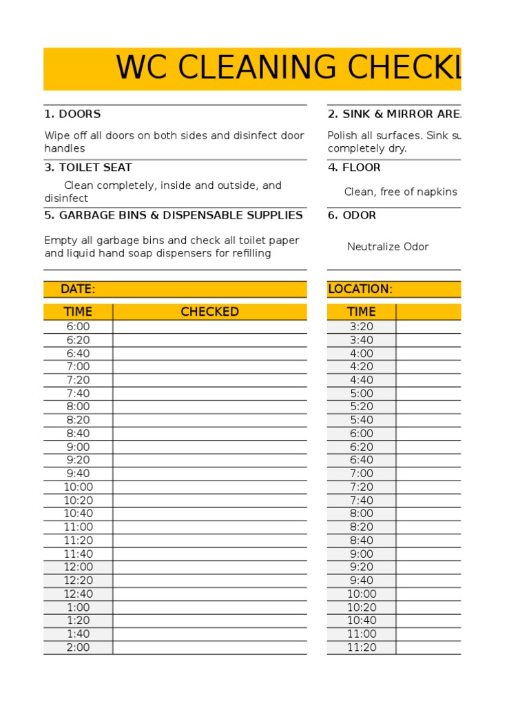 WC Cleaning Checklist: Date: Location: Time Checked Time Checked | PDF ...