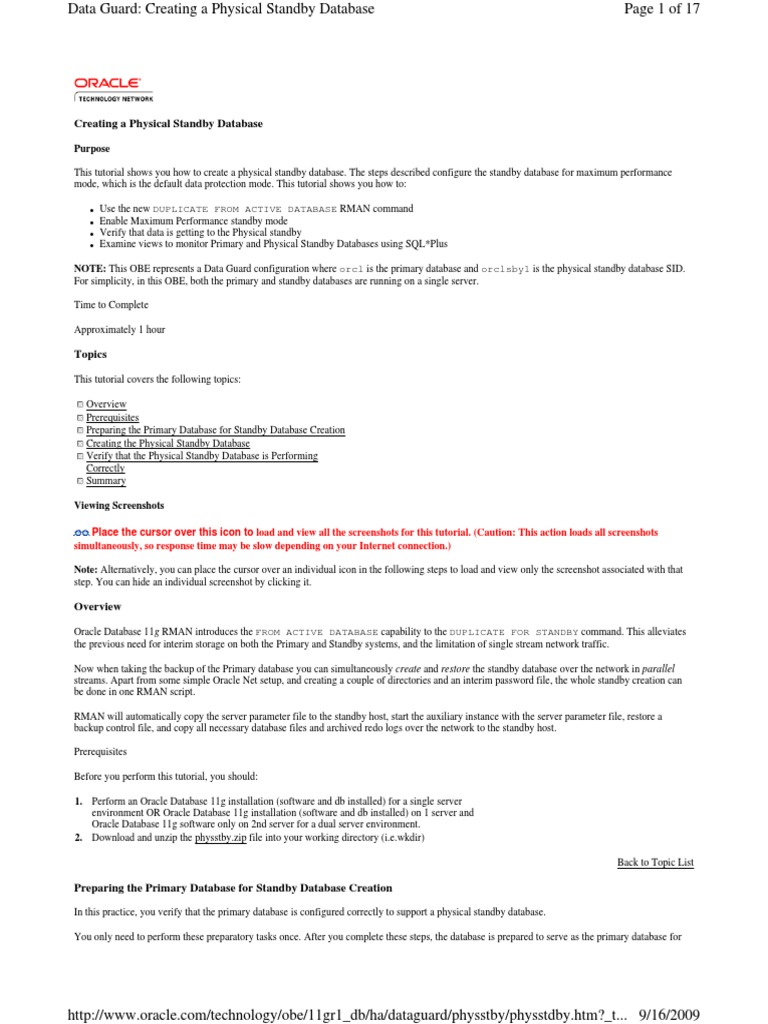 Creating A Physical Standby Database 11g Pdf Databases Areas Of Computer Science