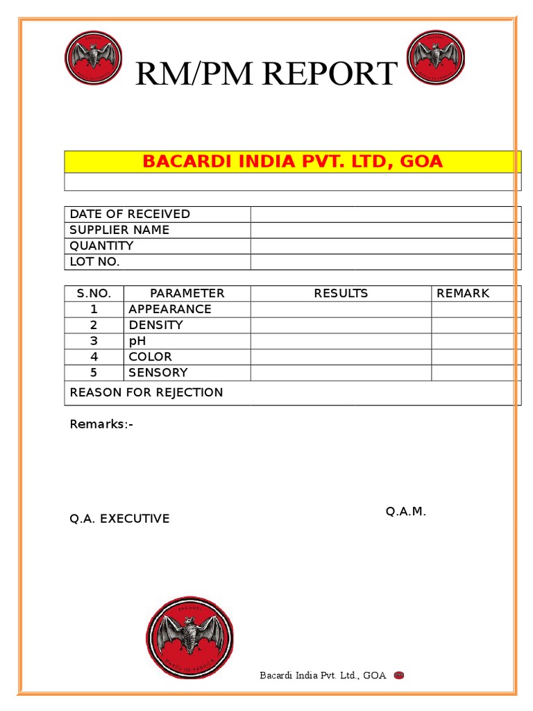 RM/PM Report: Bacardi India Pvt. LTD, Goa | PDF