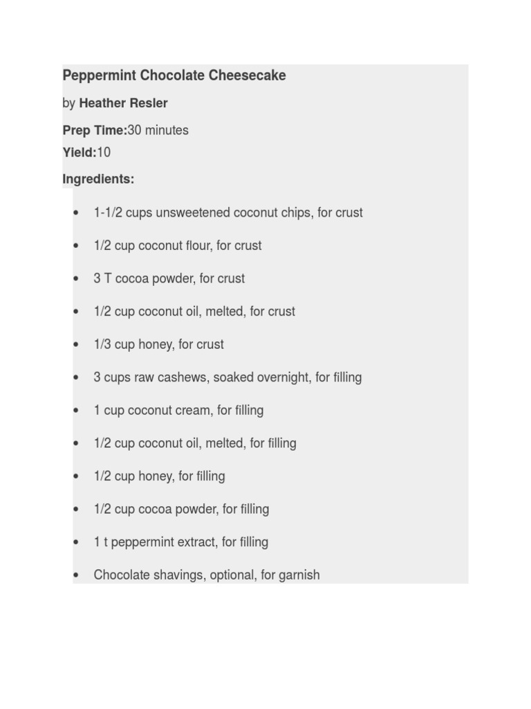 Peppermint Chocolate Cheesecake Recipe | PDF | Chocolate | Coconut