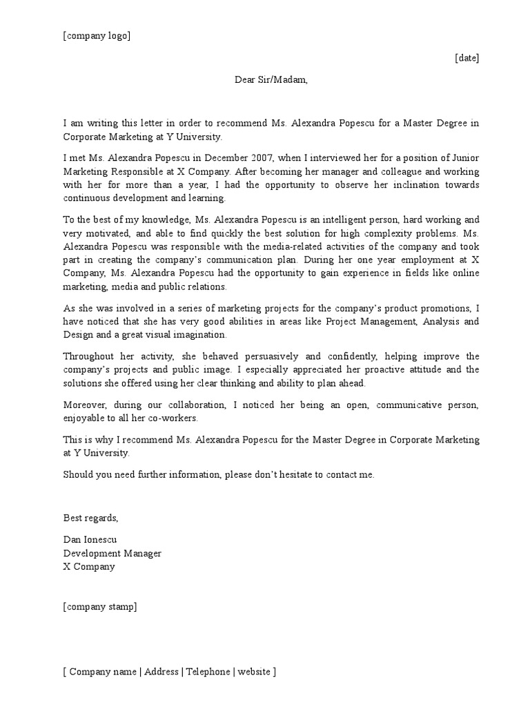 Model Scrisoare de Recomandare Pentru Masterat Din Partea Angajatorului ...