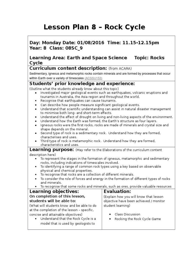 Evidence 2 - Lesson Plan 8 The Rock Cycle | PDF | Rock (Geology ...