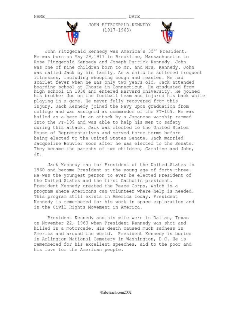 INITIAL TEST Reading Comprehension Presjohnfkennedy | PDF | John F ...