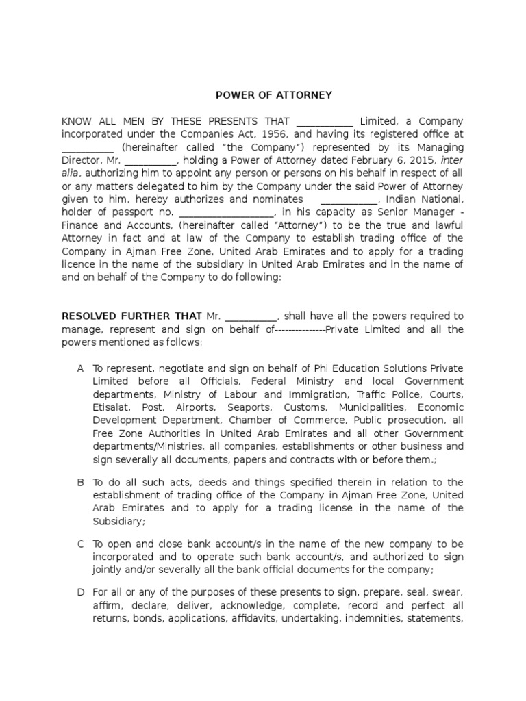 POA | PDF | Power Of Attorney | Indemnity