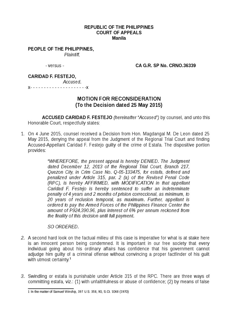 Motion For Reconsideration - festejo.CA | PDF | Fraud | Presumption Of ...