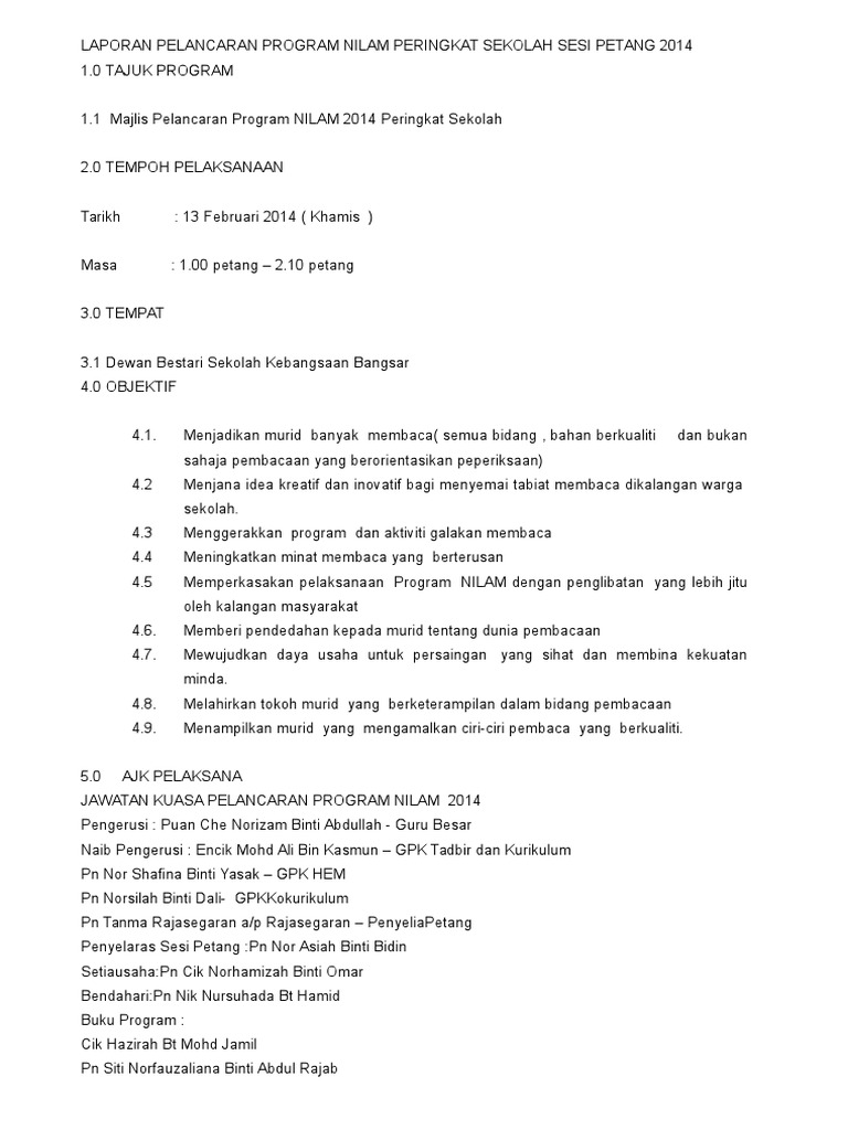 Laporan Pelancaran Program Nilam Peringkat Sekolah Sesi Petang 2014 | PDF