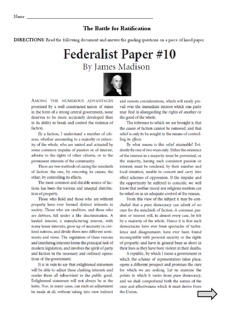 Federalist 10 Excerpt and Questions | PDF | Democracy | Political ...