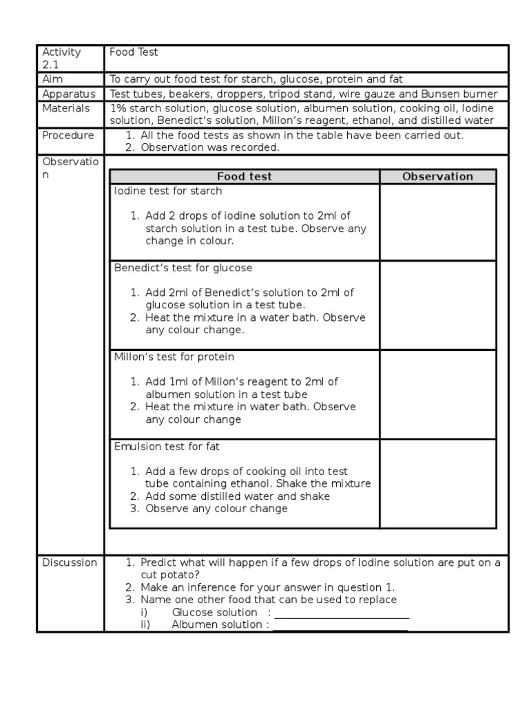 Experiment Food Test | PDF | Chemical Substances | Chemistry