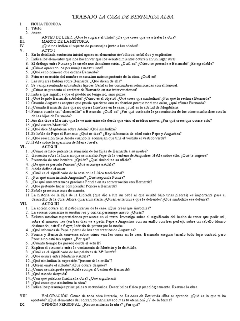 Cuestionario de La Casa de Bernarda Alba