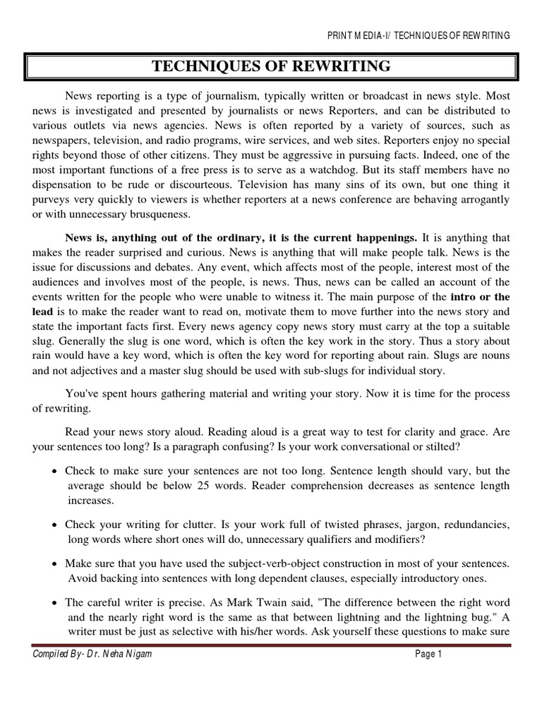 Notes - Techniques of Rewriting | PDF | News | Journalism