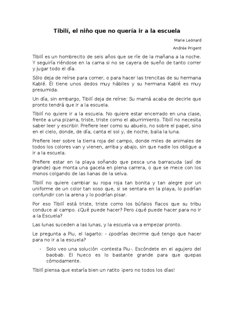 La historia de Tibilí y su resistencia a ir a la escuela | PDF | Ocio ...