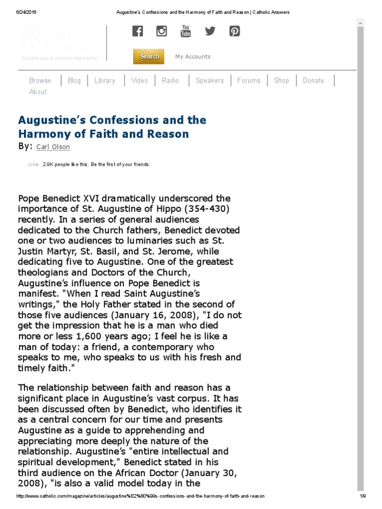Augustine's Confessions and The Harmony of Faith and Reason - Catholic ...