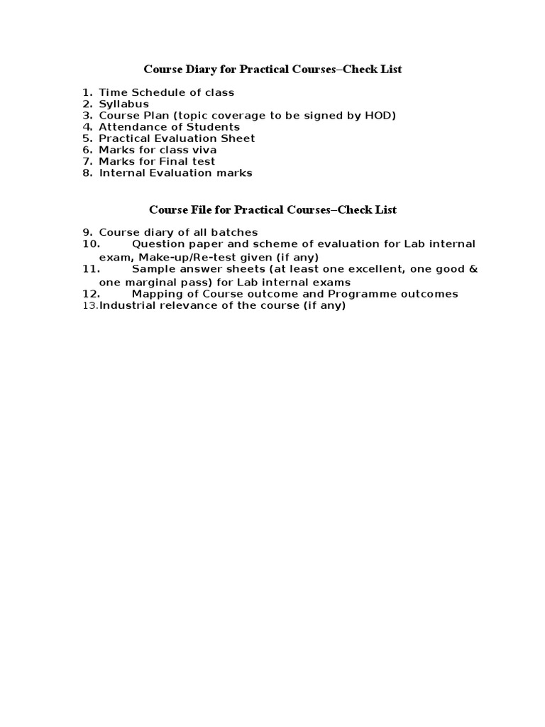 Course Diary For Practical Courses-Check List | PDF | Educational Assessment And Evaluation ...