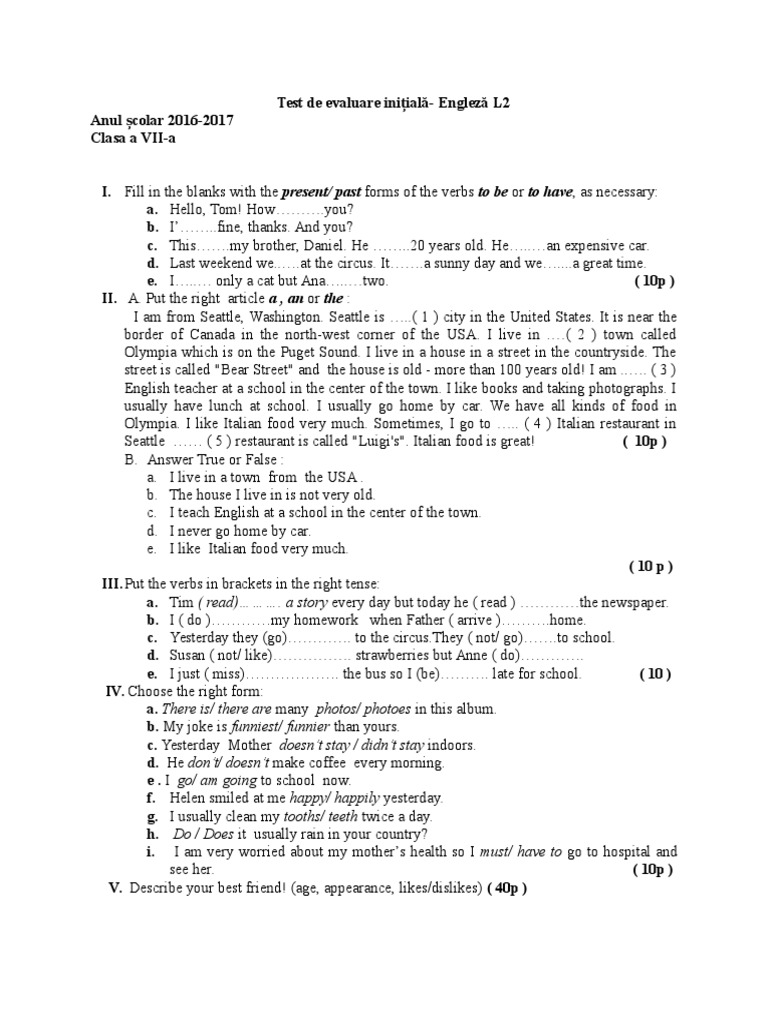 Teste de Evaluare Initiala Engleza l2 CL Vii Viii | PDF | Languages ...