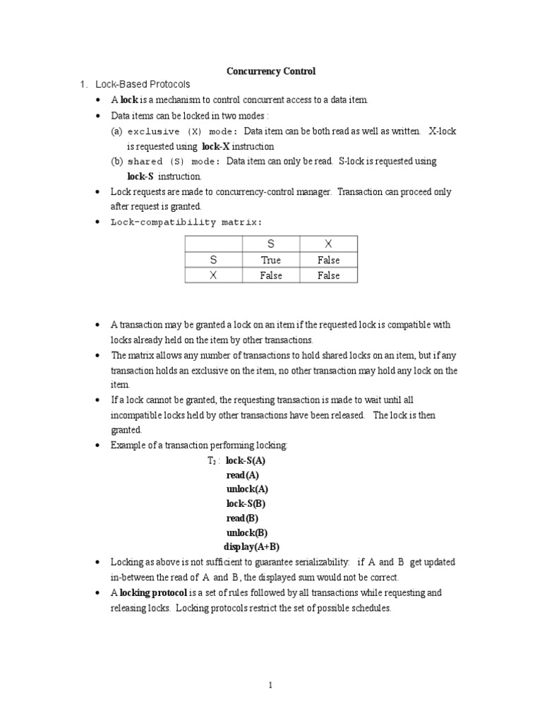 Concurrency Control: S X S True False X False False | PDF | Concurrency ...