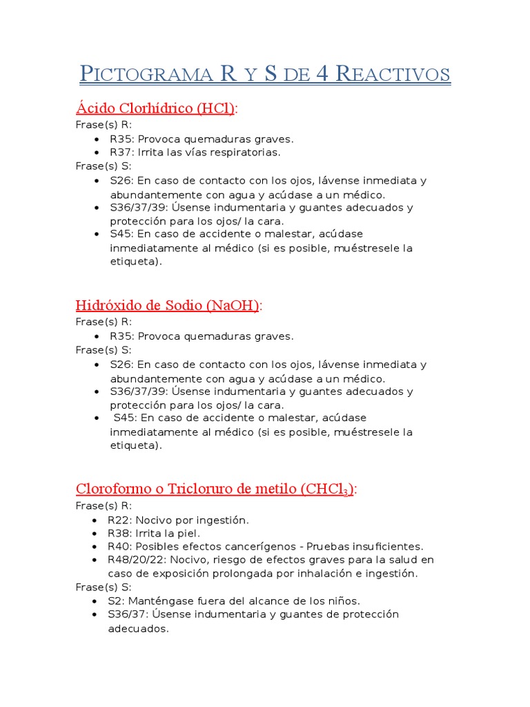Pictograma R y S de 4 Reactivos | PDF | Cloroformo | Quemar
