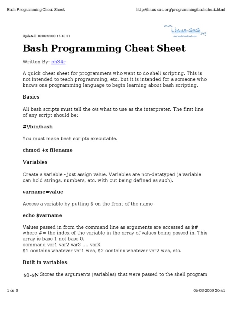 Cheat Sheet - Bash Programming | Control Flow | Command Line Interface