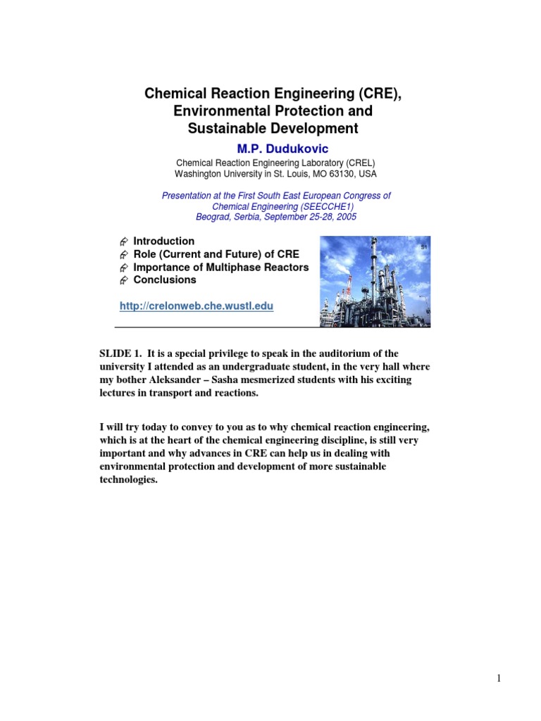 Chemical Reaction Engineering (CRE), Environmental Protection and ...