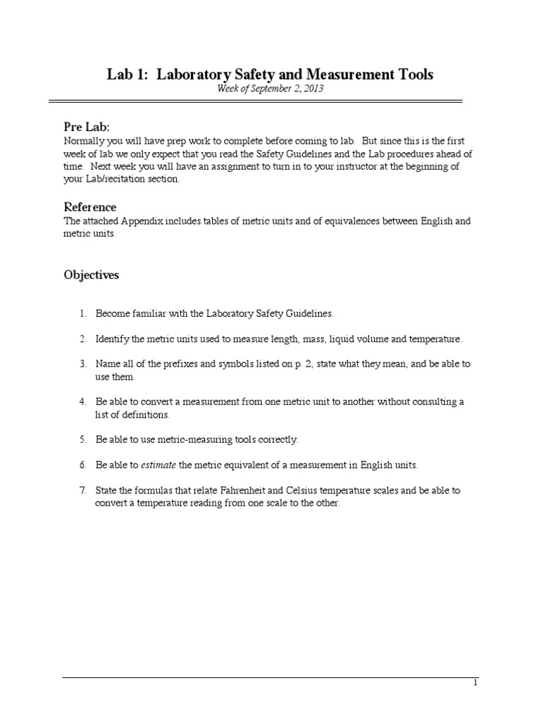 Lab1LabSafetyandMeasurementToolsrev8 22 13 | PDF | Fahrenheit | Units ...