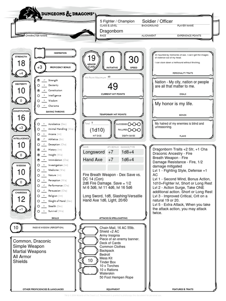 5e Level 5 Dragonborn Fighter | PDF | D20 System | Dungeons & Dragons