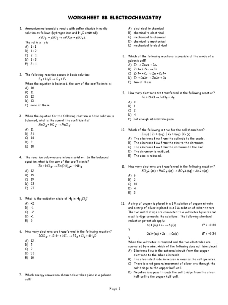 Electrochemistry Practice Quiz | PDF | Redox | Electrochemistry