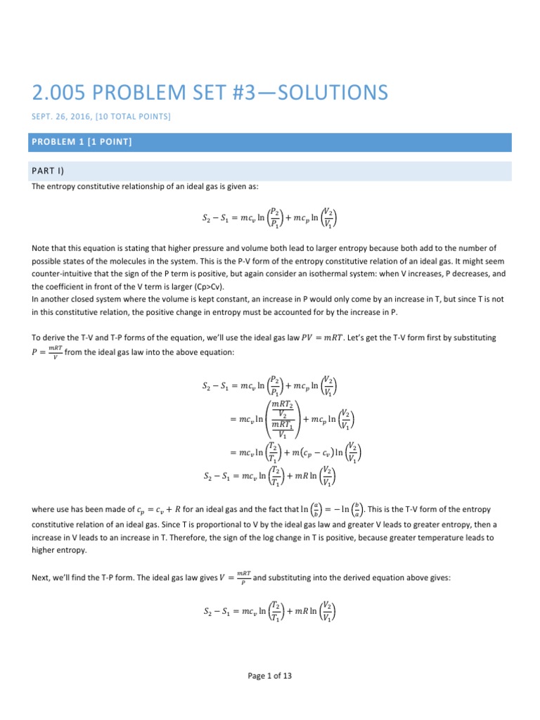 Problem Set Solutions: Ideal Gas Equations, Entropy, Thermodynamics | PDF | Heat | Entropy