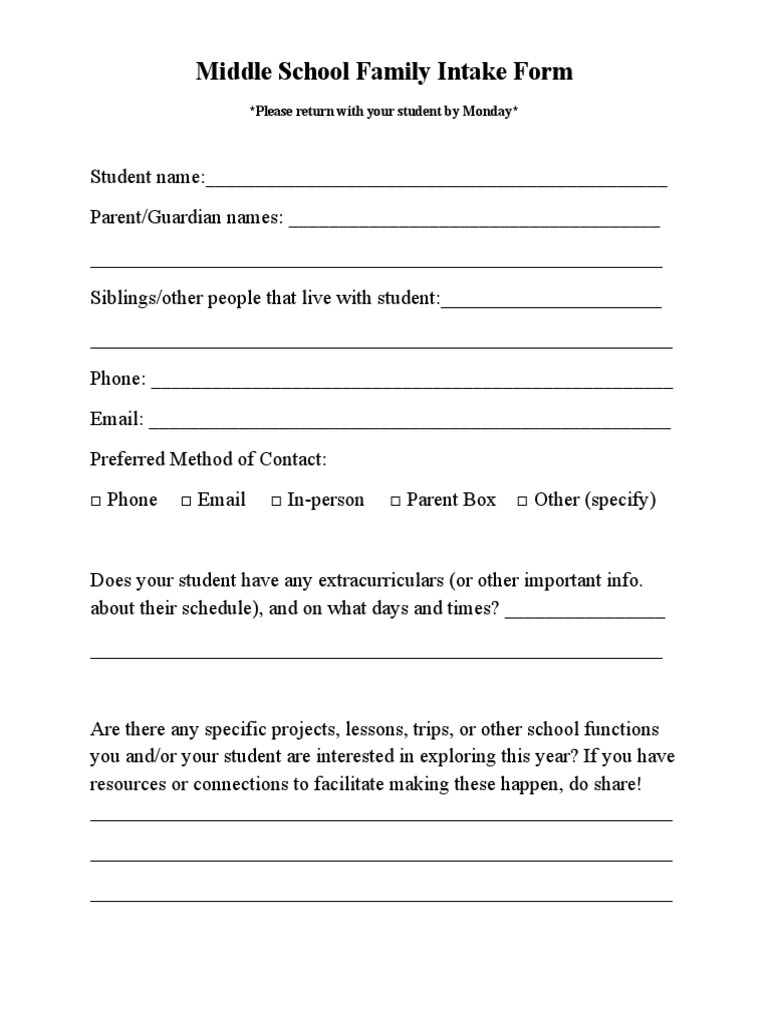 Middle School Family Intake Form | PDF | Wellness