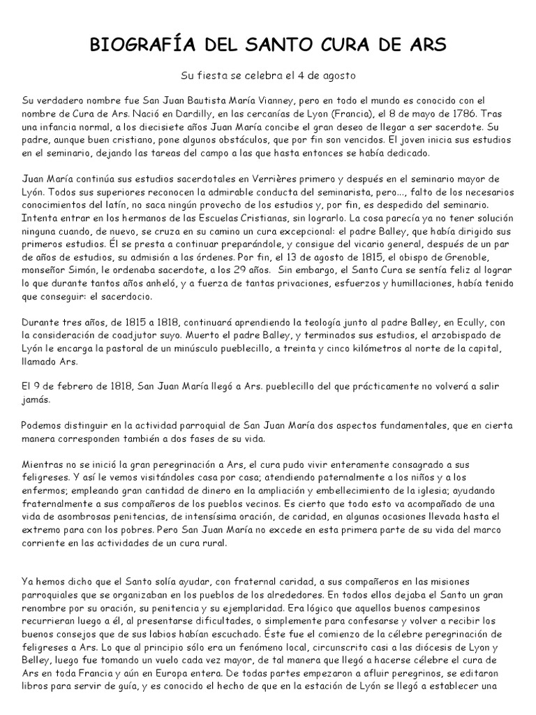 Biografía Del Santo Cura de Ars | PDF | Seminario | Sacerdote