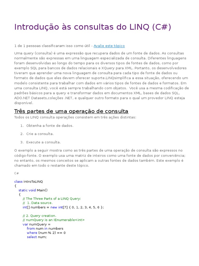 Introdução Às Consultas Do LINQ - C# (Português) | PDF | C Sharp ...
