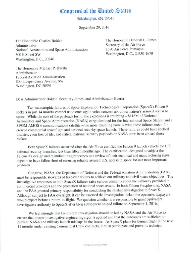 Congressional Letter To AF, NASA, FAA On Assured Access To Space